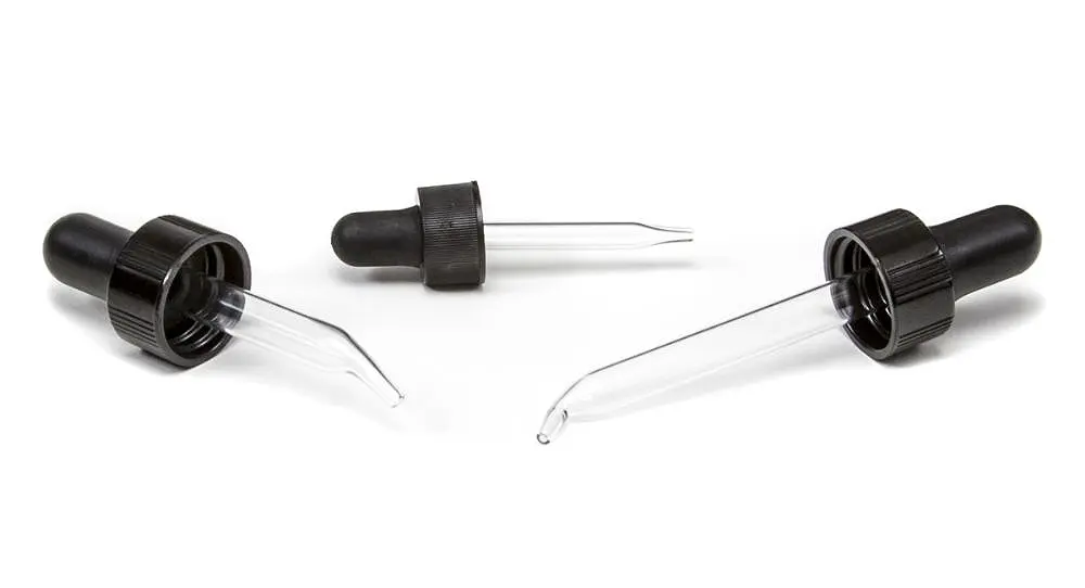 Glass dropper caps for glass vials, tubes and bottles